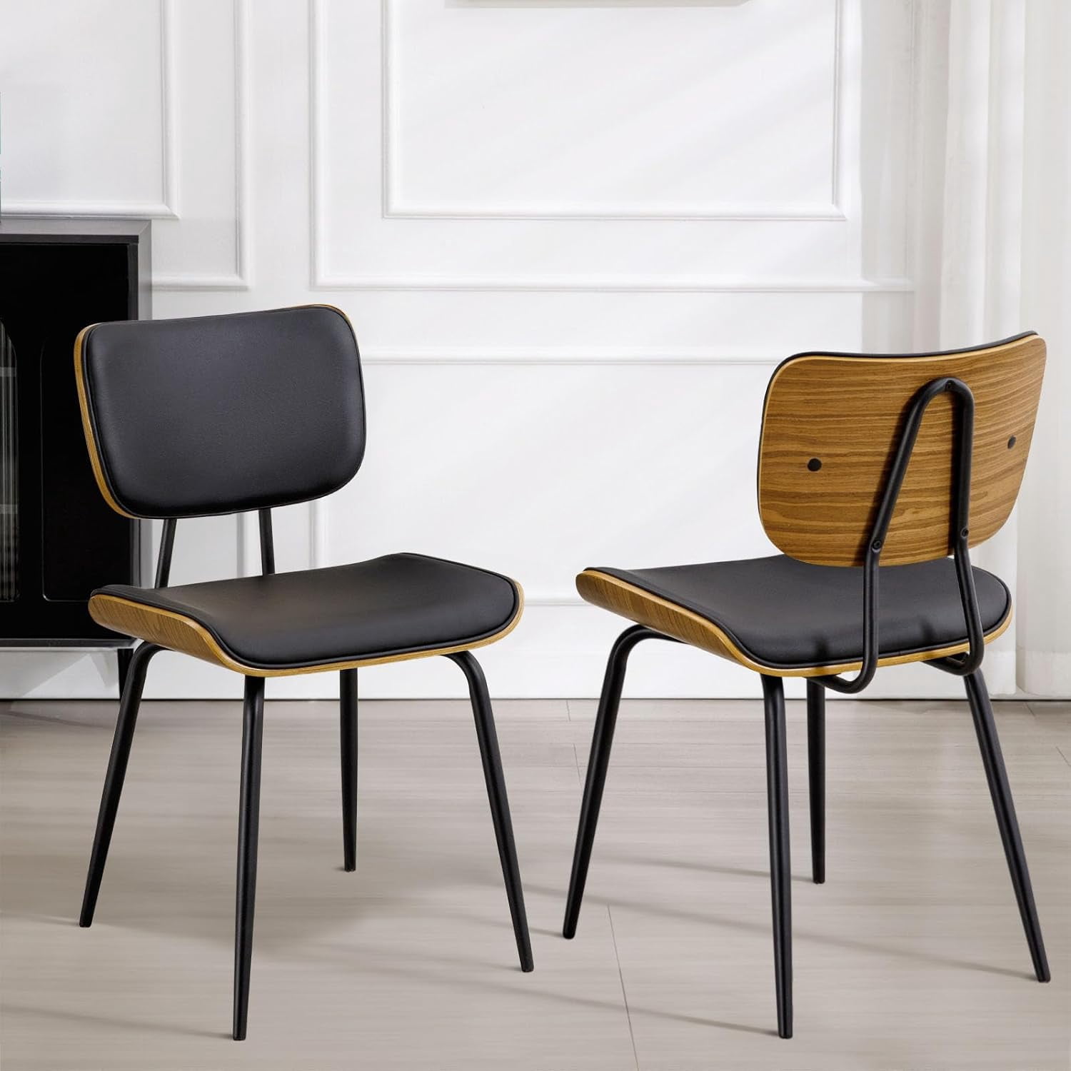 Black Dining Chairs Set of 2, PU Leather Modern Chairs with Walnut ...