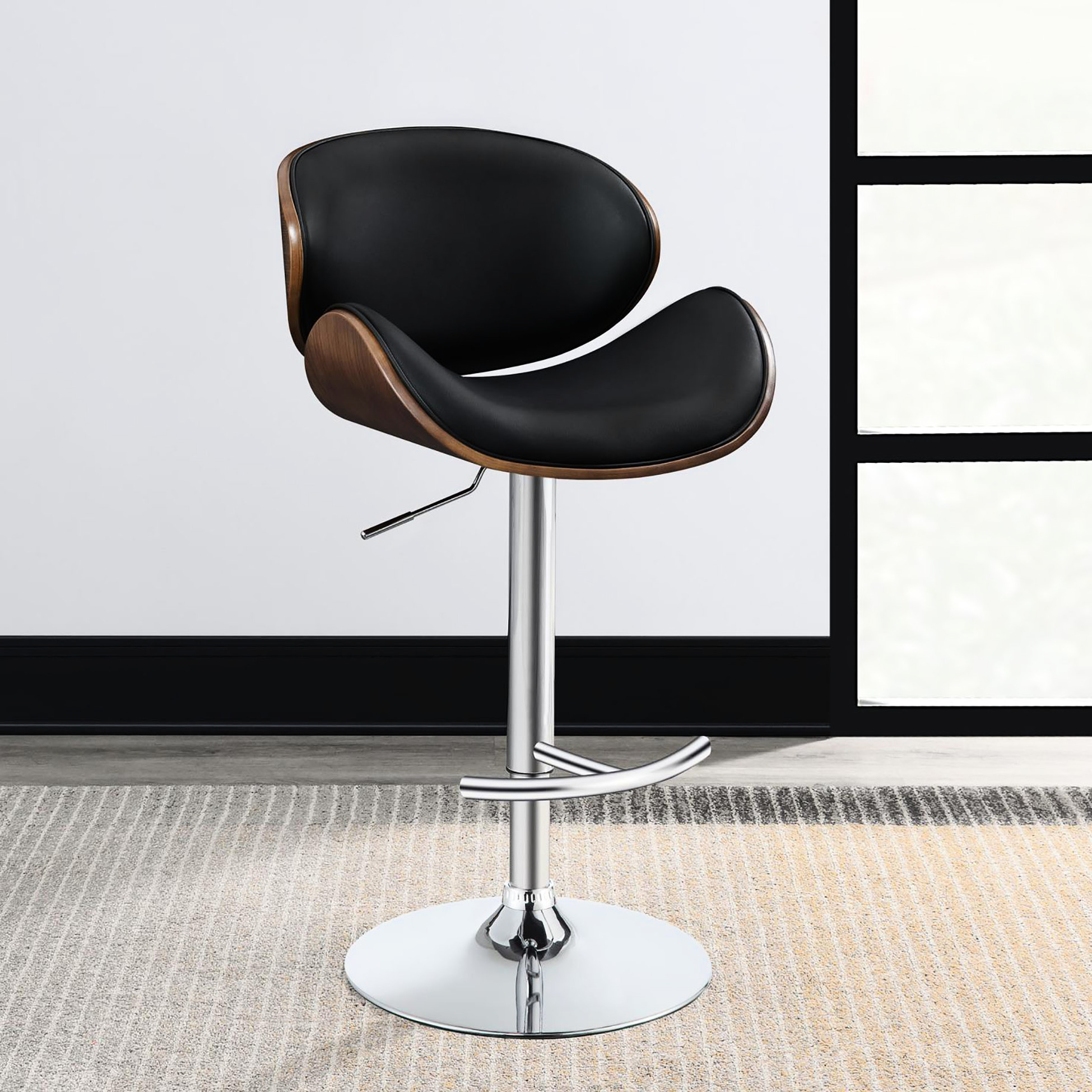 Black Dining Stool With Adjustable Option - Curved Walnut Wood Back ...