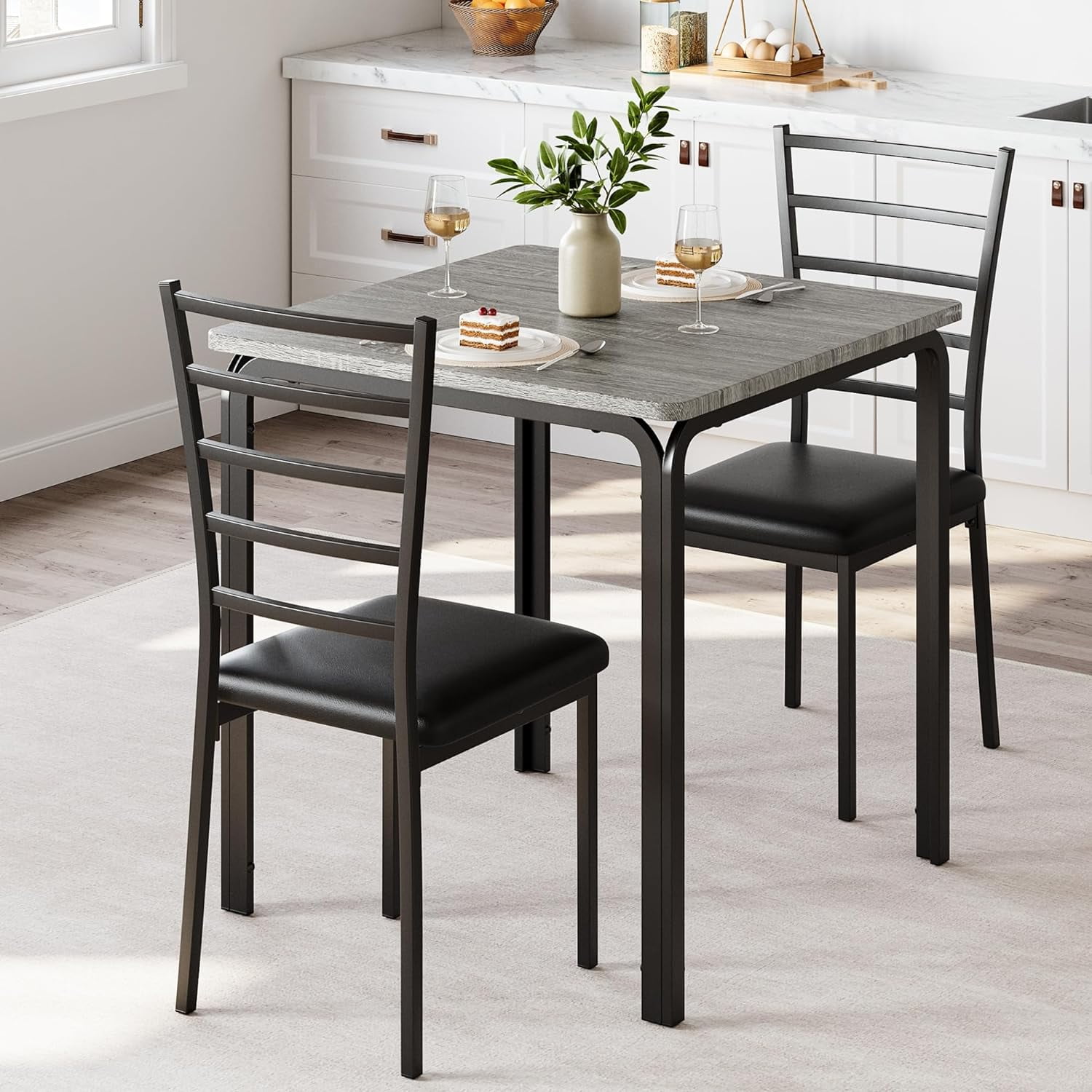 3 Piece Black Dining Table Set for 2, Space Saving, Modern Dinette for ...
