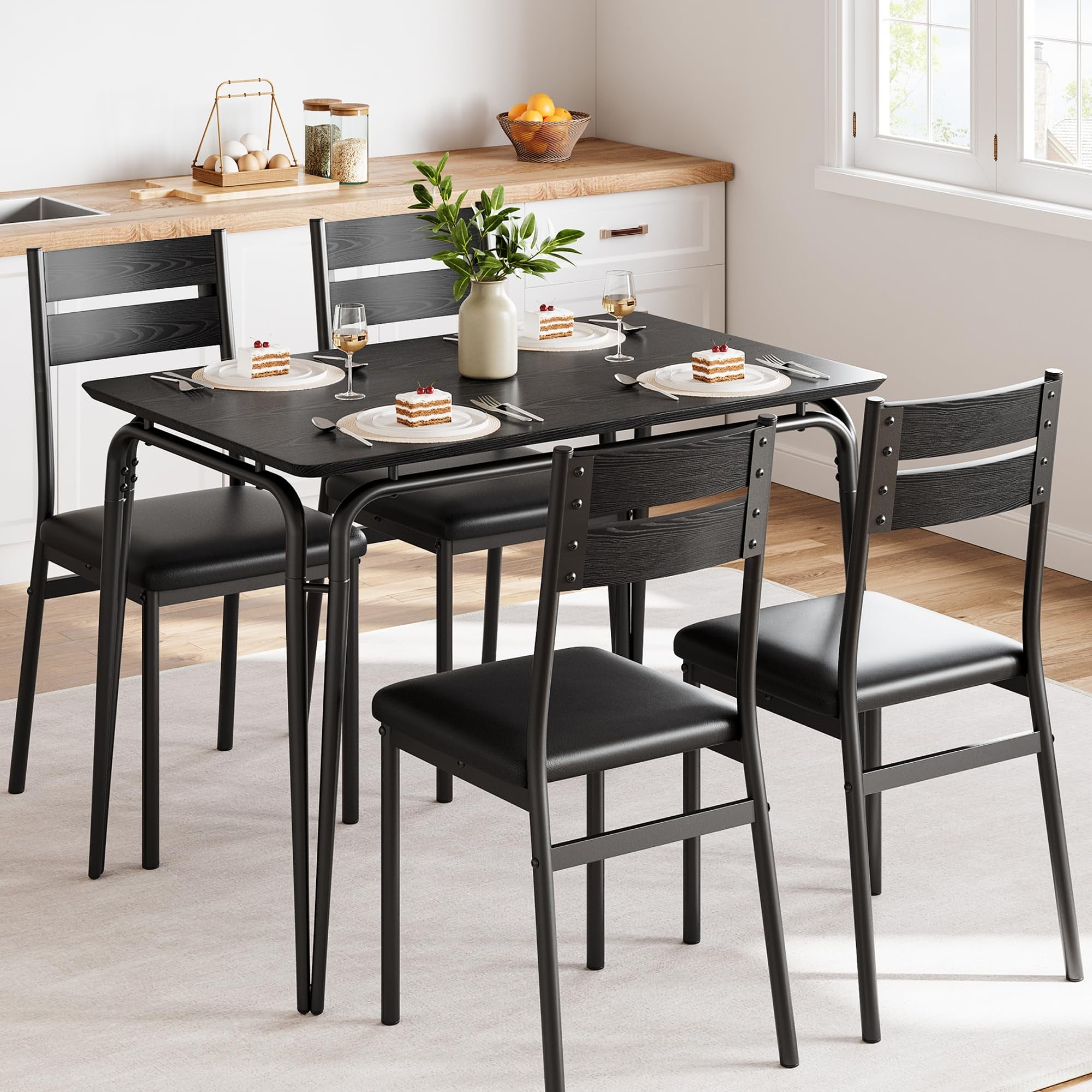 Black Dining Table Set for 4, Kitchen Table and Chairs for 4,5 Piece ...