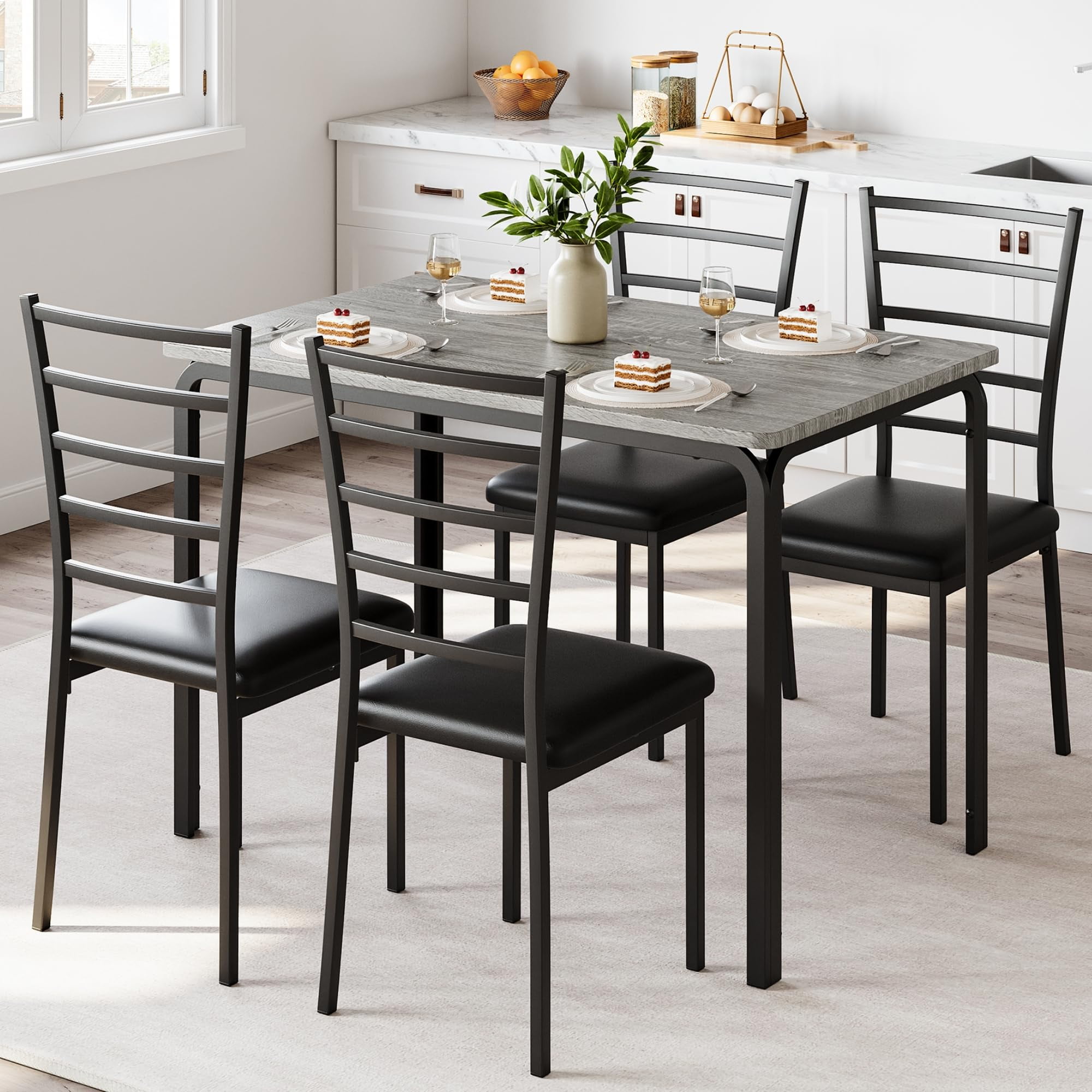 Black Dining Table Set for 4, Kitchen Table and Chairs for 4, 5 Piece ...