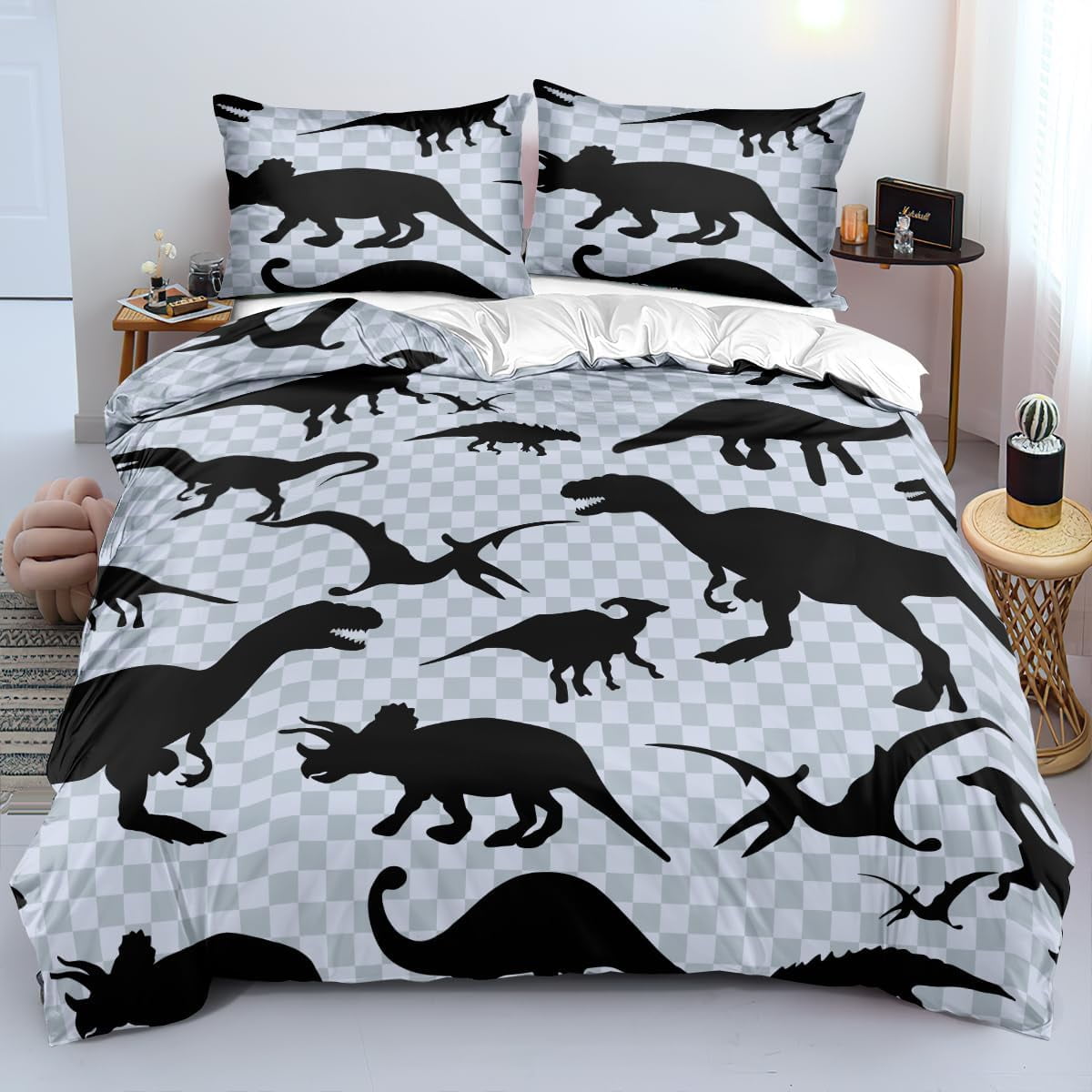 Black Dinosaur Comforter Cover Grey Grid Duvet Cover Plaid Dinosaurs ...