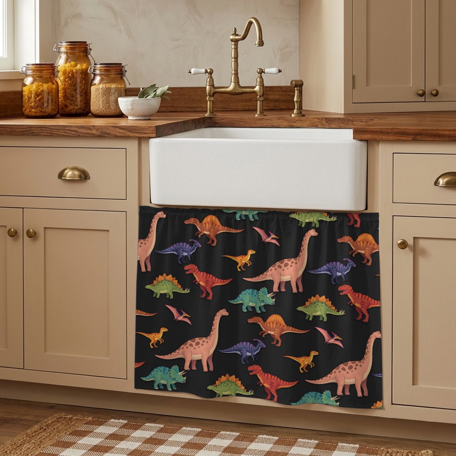Black Dinosaur Small Cabinet Curtains 11"W x 13"L, Colorful Animals ...