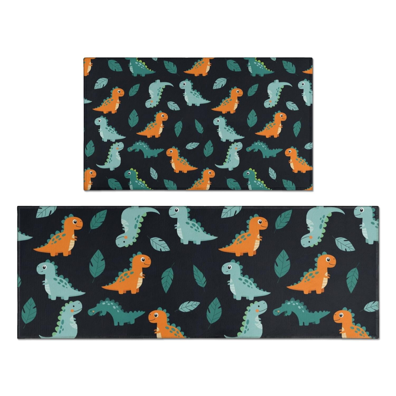 Black Dinosaurs Leaves Pattern Kitchen Rugs Sets Of 2,Anti Fatigue ...