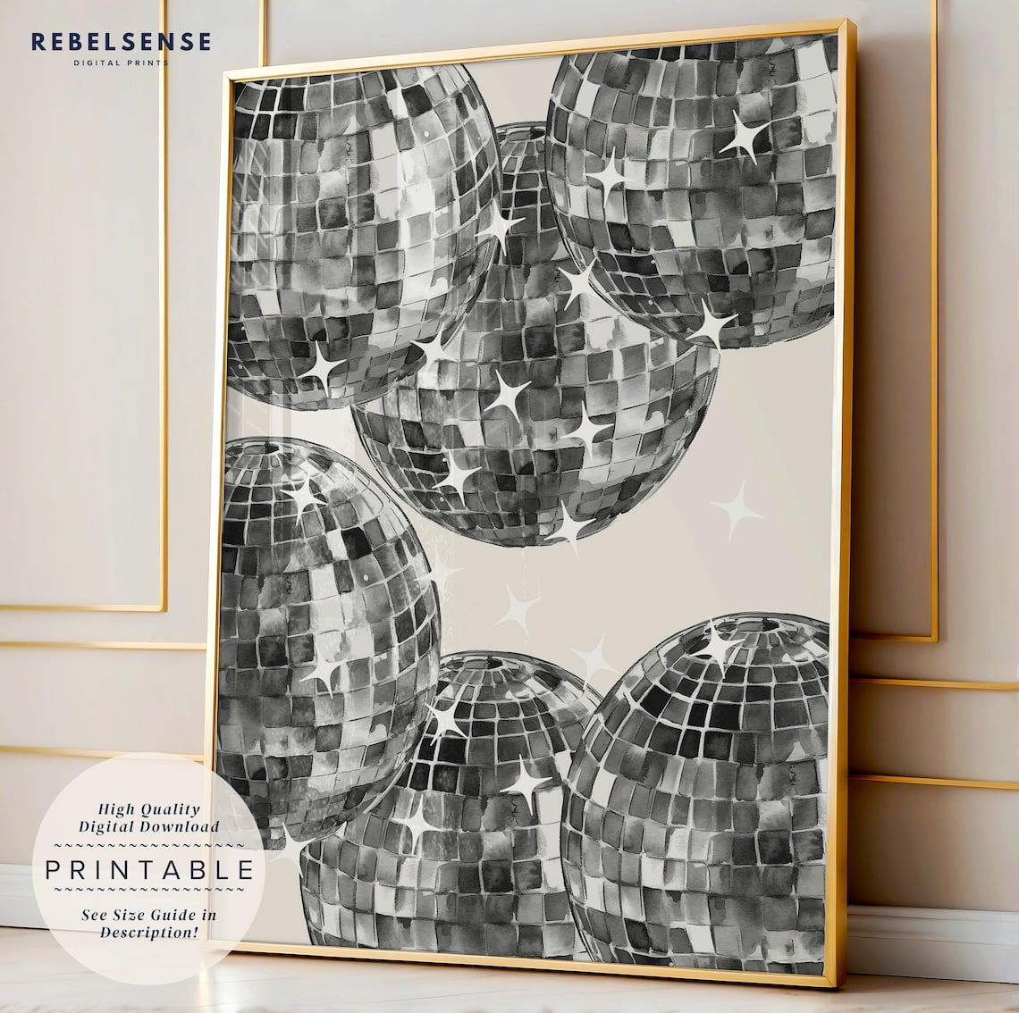Black Disco Ball Print, Mirrorball Poster, Neutral Wall Art, Retro Wall ...