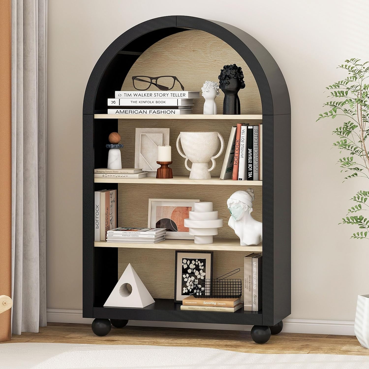 Black Display Arched Bookcase Cabinet,4-Tier Freestanding Tall Wood Arch Bookshelf Cabinets with ...