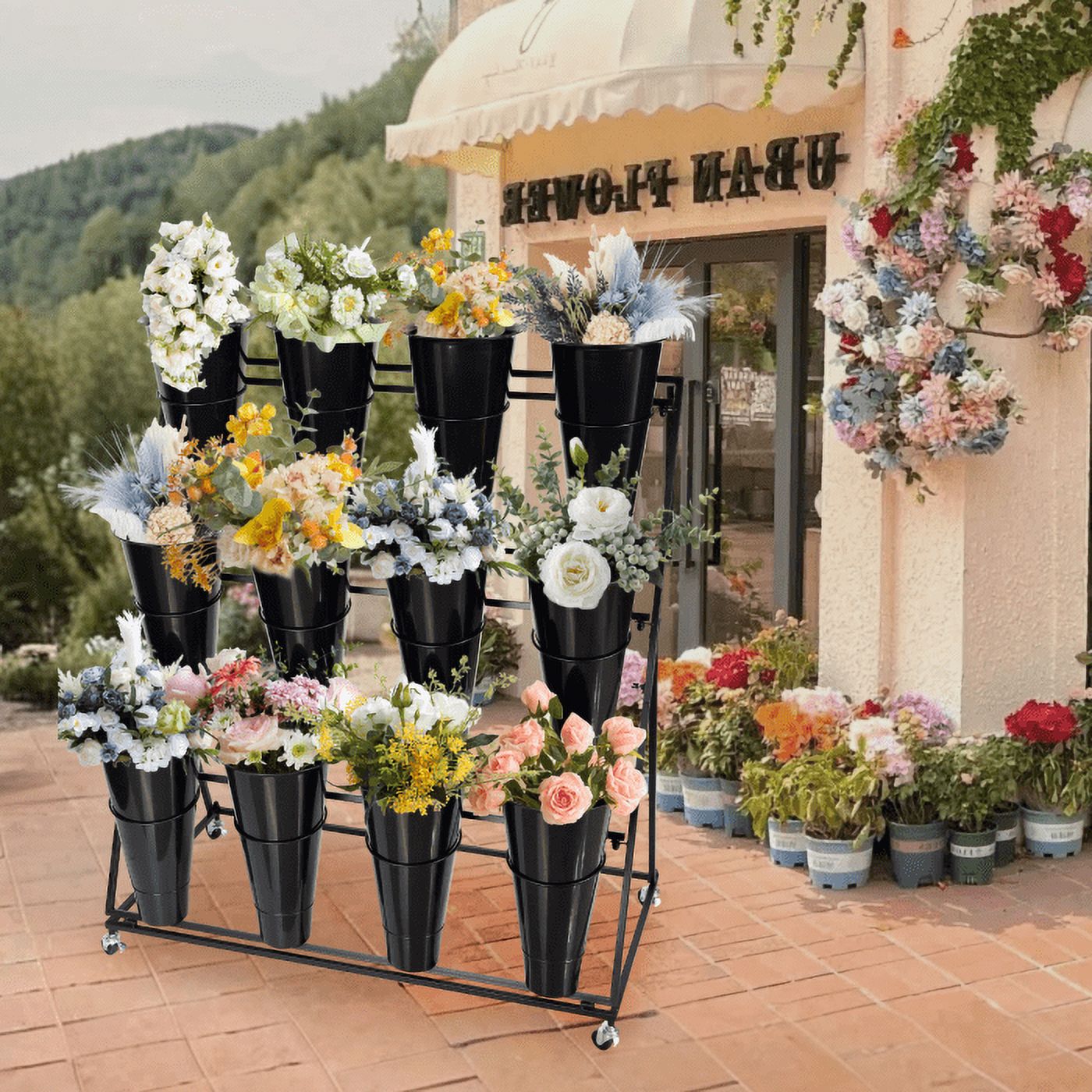 Black Display Flower Stand, 3 - Tier, 12 Buckets,Easy Assembly, Metal ...