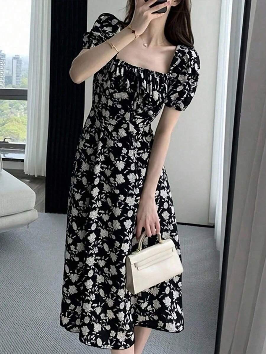 Black Ditsy Floral Square Neck Puff Sleeve Midi Dress For Women ...