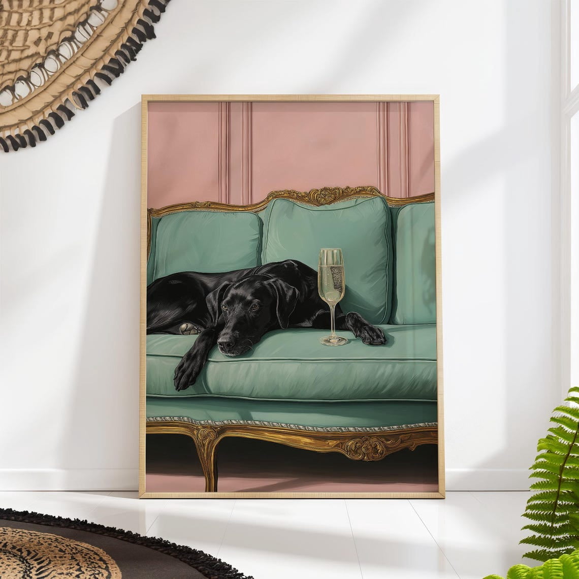Black Dog Art Vintage Green Sofa Champagne Glam Pet Decoration Unframed ...