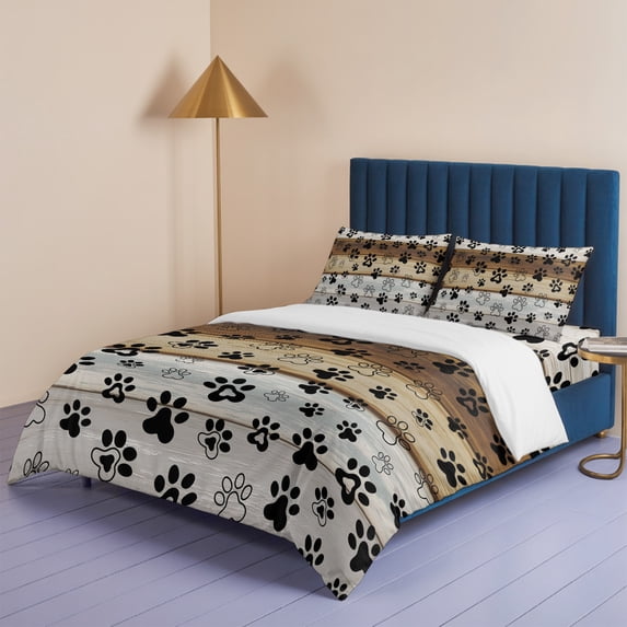 Black Dog Claws on Retro Wood Queen Size Bed Set,Farmhouses Woodcut ...
