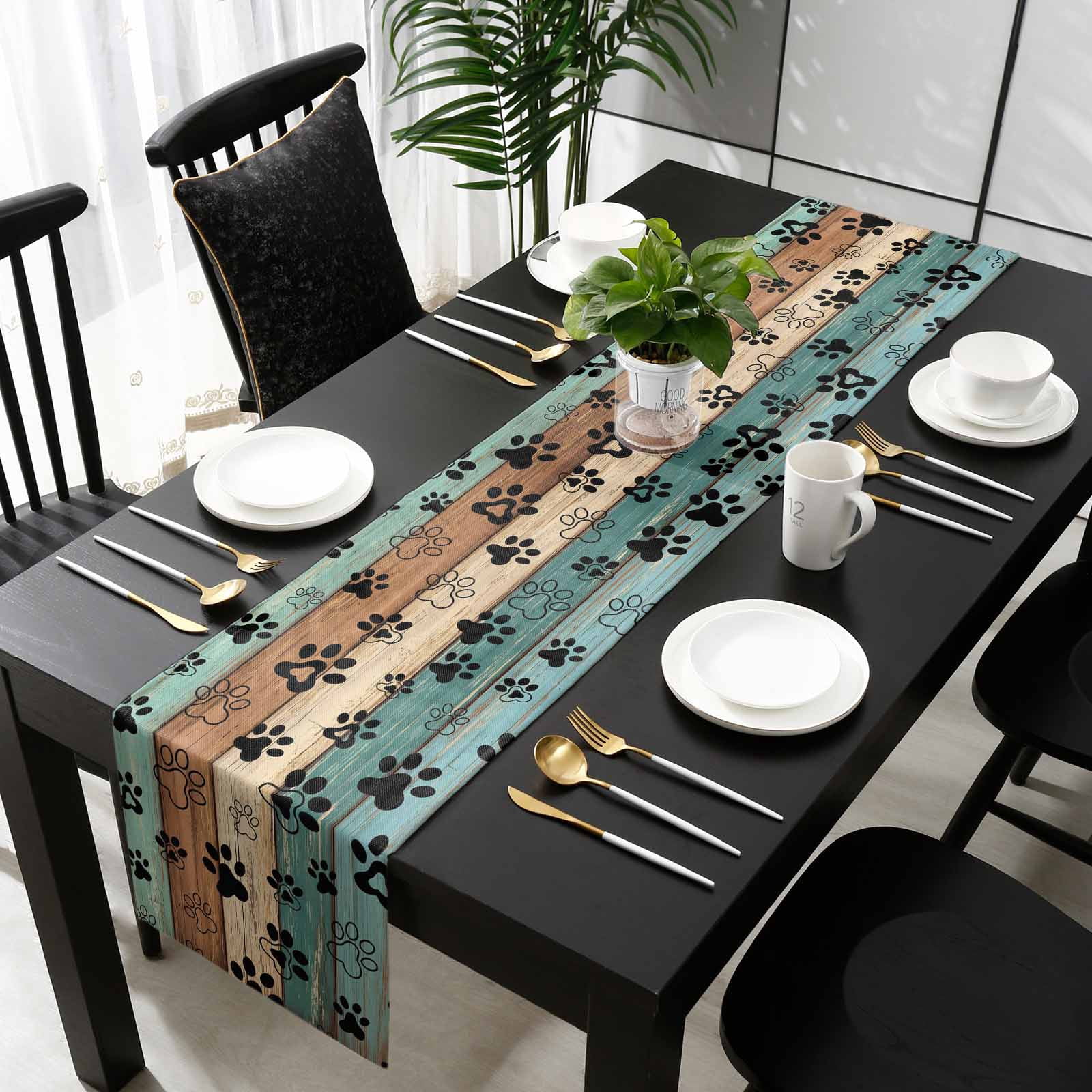 Black Dog Claws Table Runner 70 Inches Long - Cat Pets Printed Teal ...