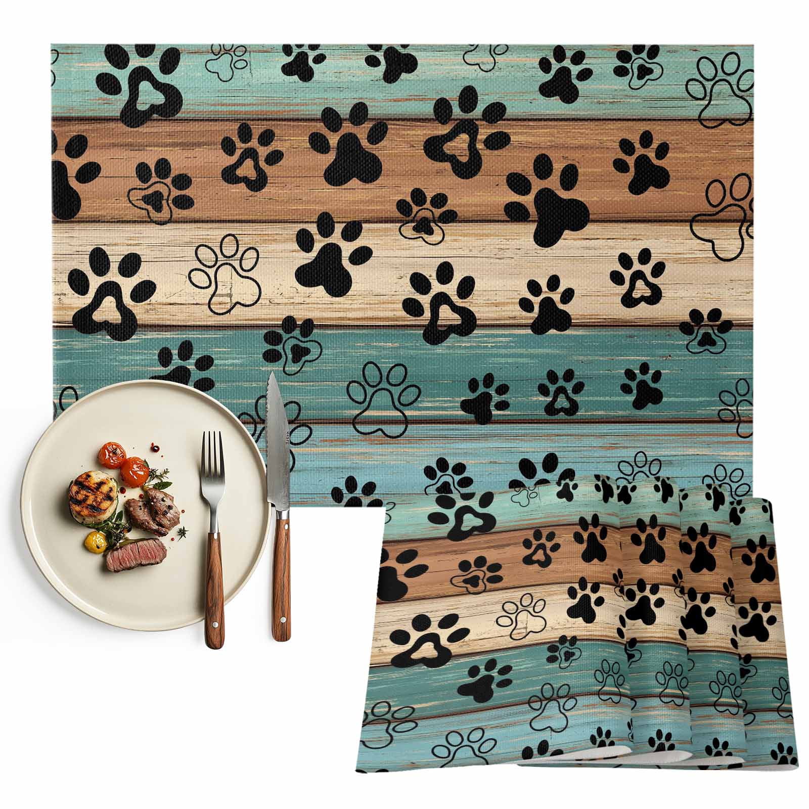 Black Dog Paw Print Placemats Set of 2, Rustic Turquise Brown Farmhouse ...