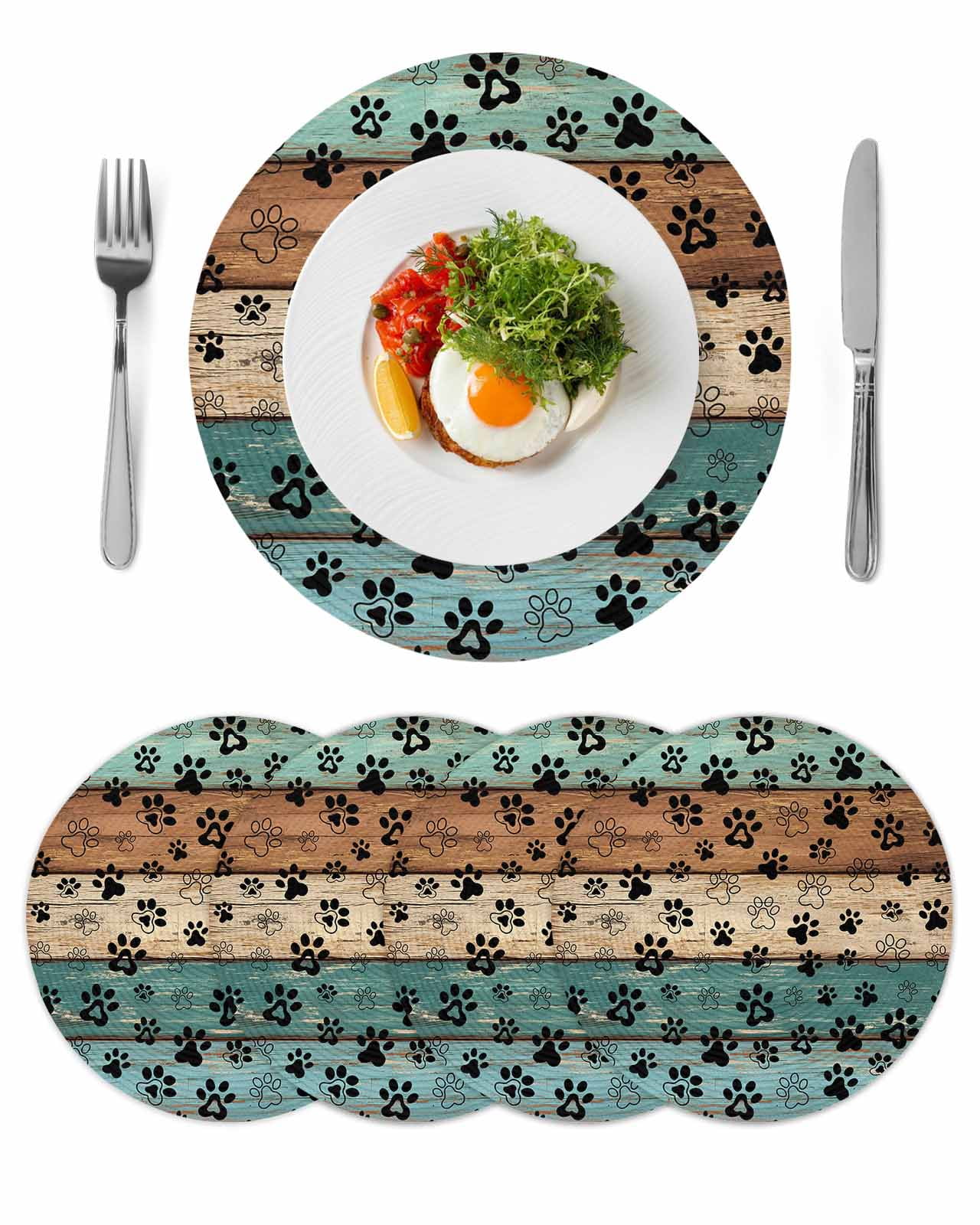 Black Dog Paw Print Round Table Placemats set of 4, Rustic Turquise ...