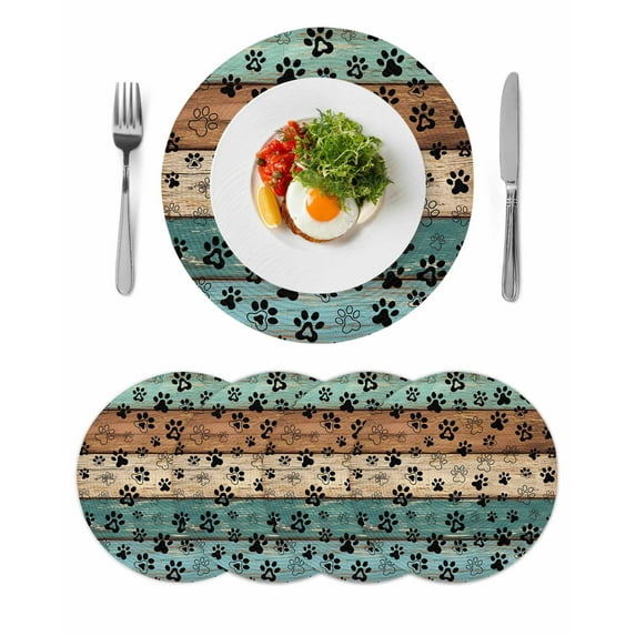 Black Dog Paw Print Round Table Placemats set of 4, Rustic Turquise ...