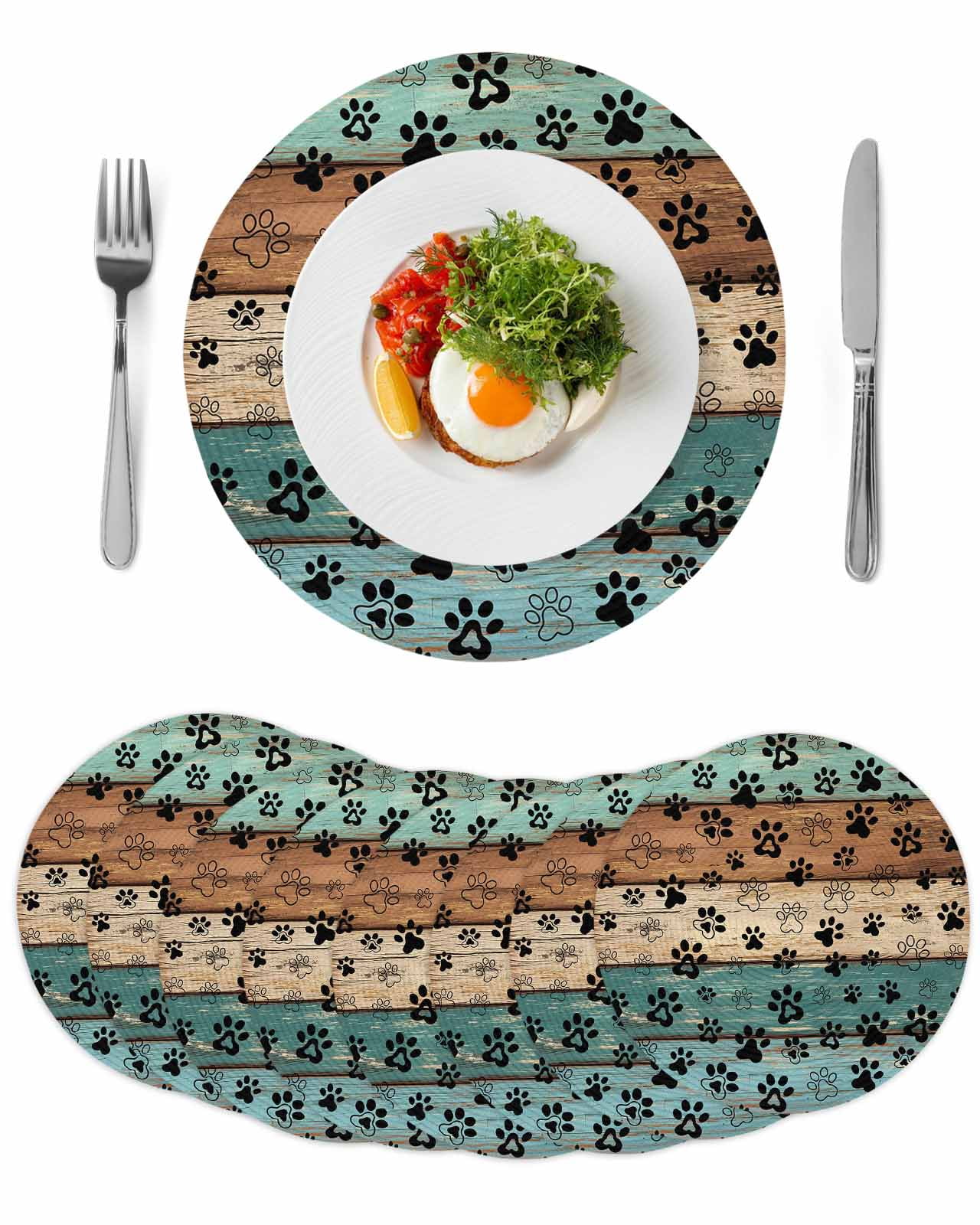 Black Dog Paw Print Round Table Placemats set of 8, Rustic Turquise ...