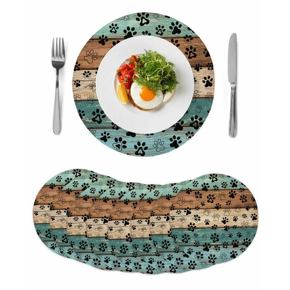Black Dog Paw Print Round Table Placemats set of 8, Rustic Turquise ...
