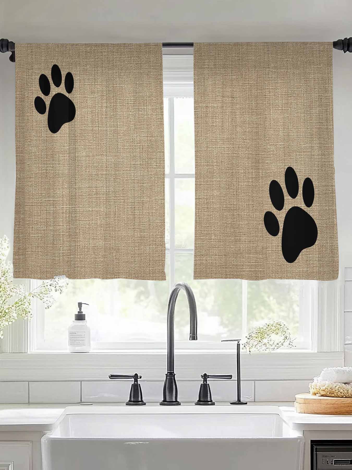 Black Dog Paws Prints Chiffon Sheer Curtains 45 Inches Long Farm Animal ...