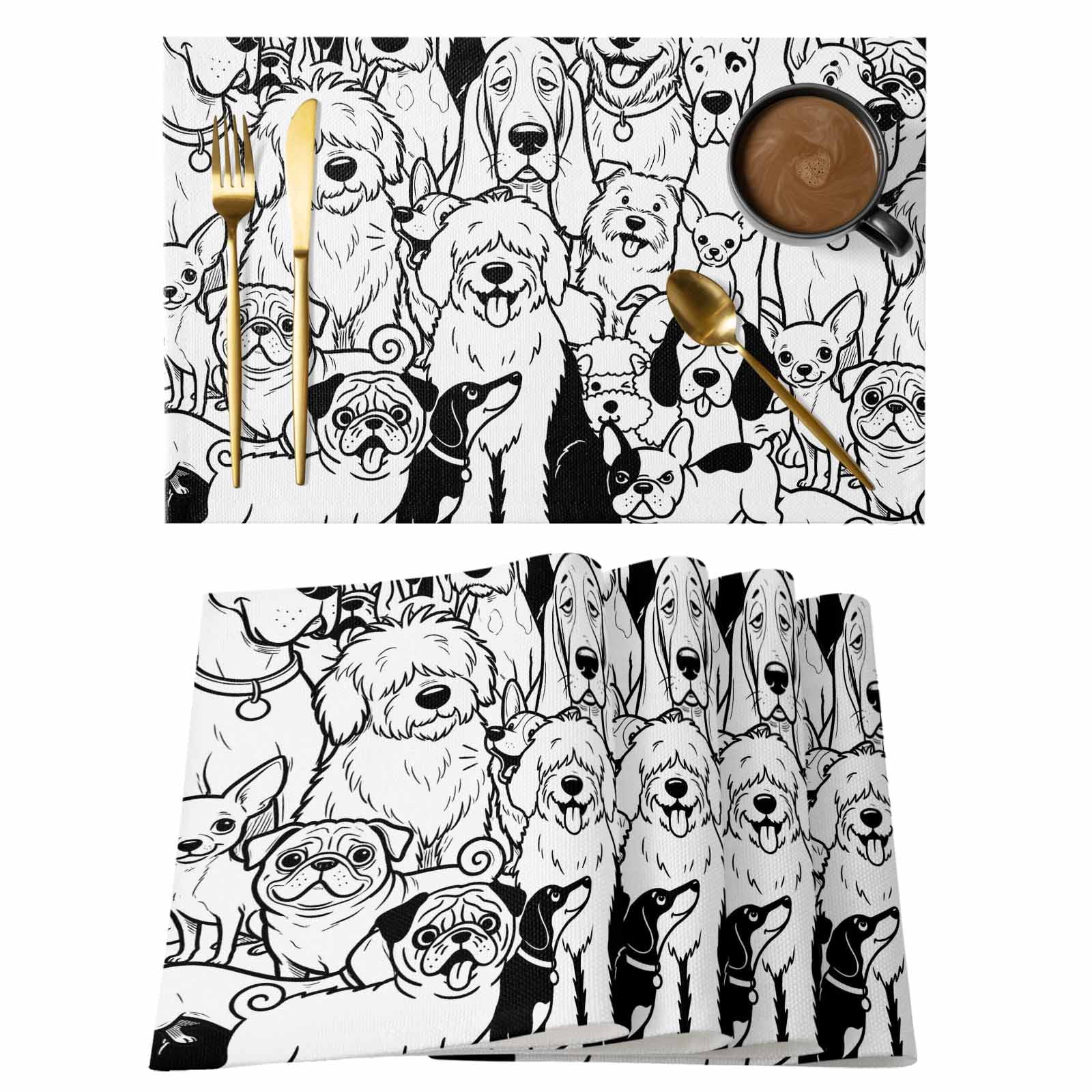 Black Dog Placemats Set of 12 Cute Line Cartoon Funny Animals Place ...