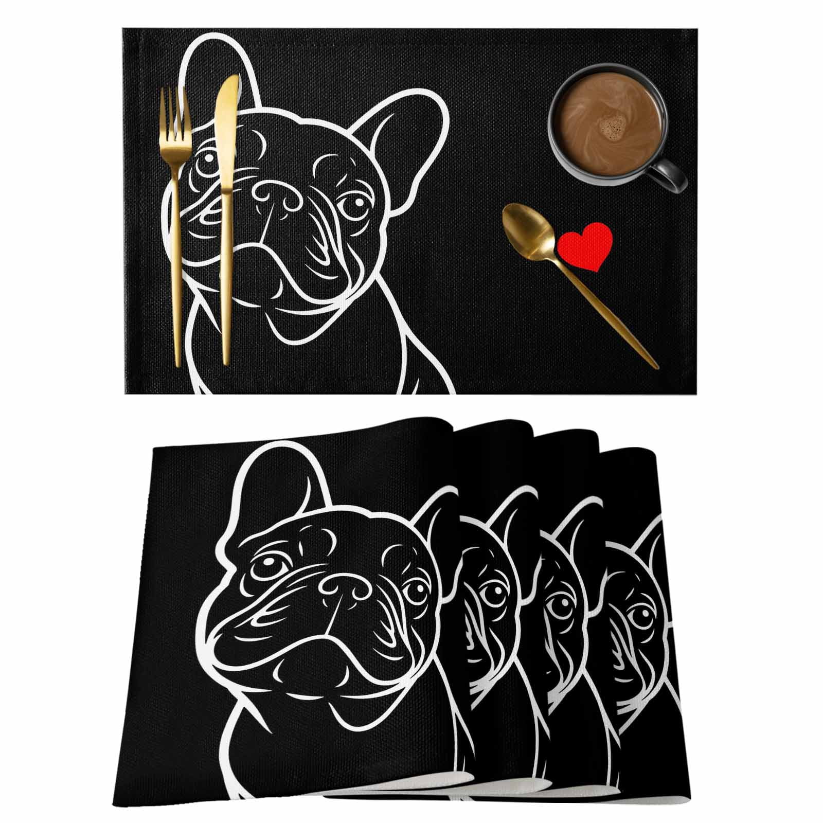 Black Dog Placemats Set of 12, Simple Cartoon Cute Animals Love Heart ...