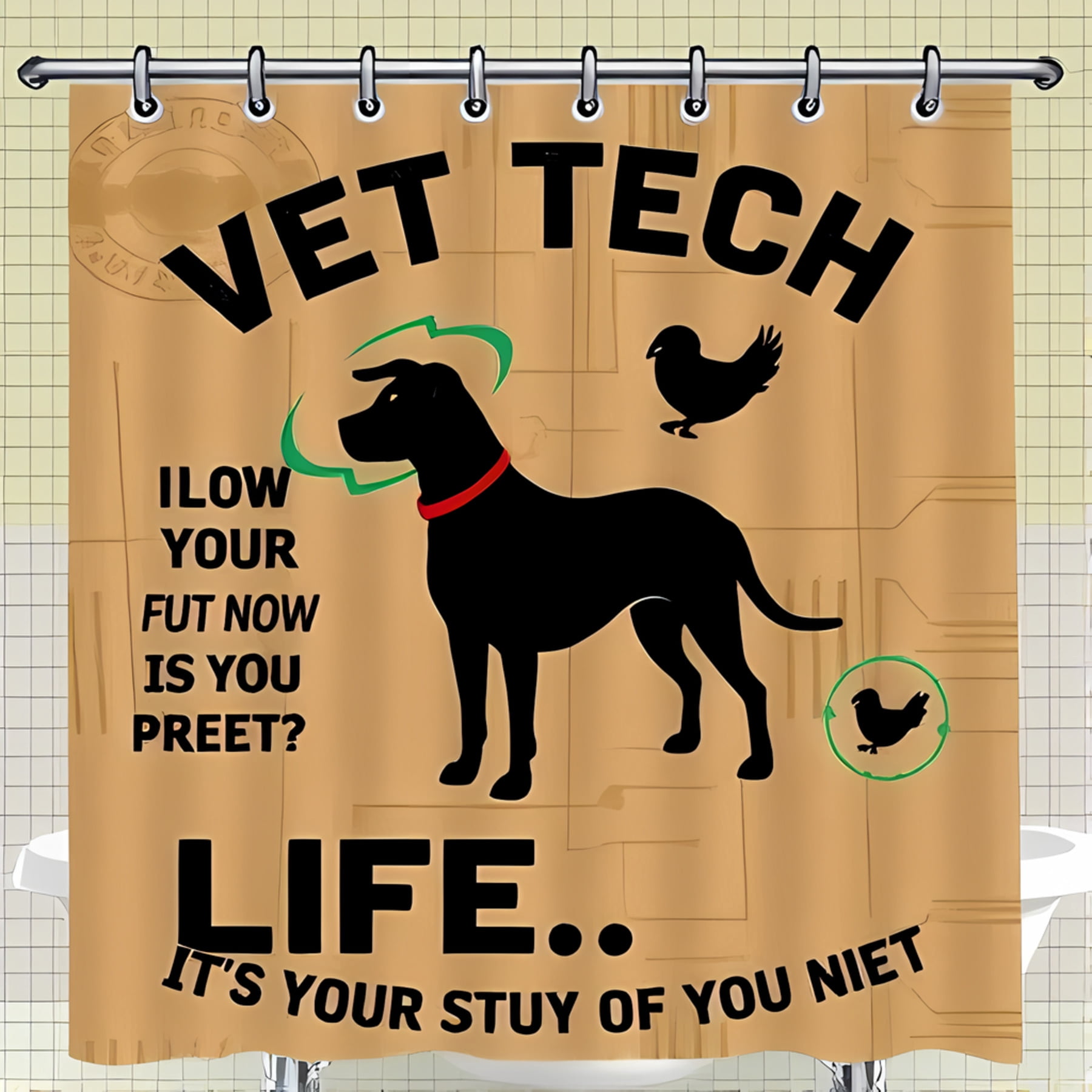 Black Dog Shower Curtain with Playful Vet Tech Text and Bird ...