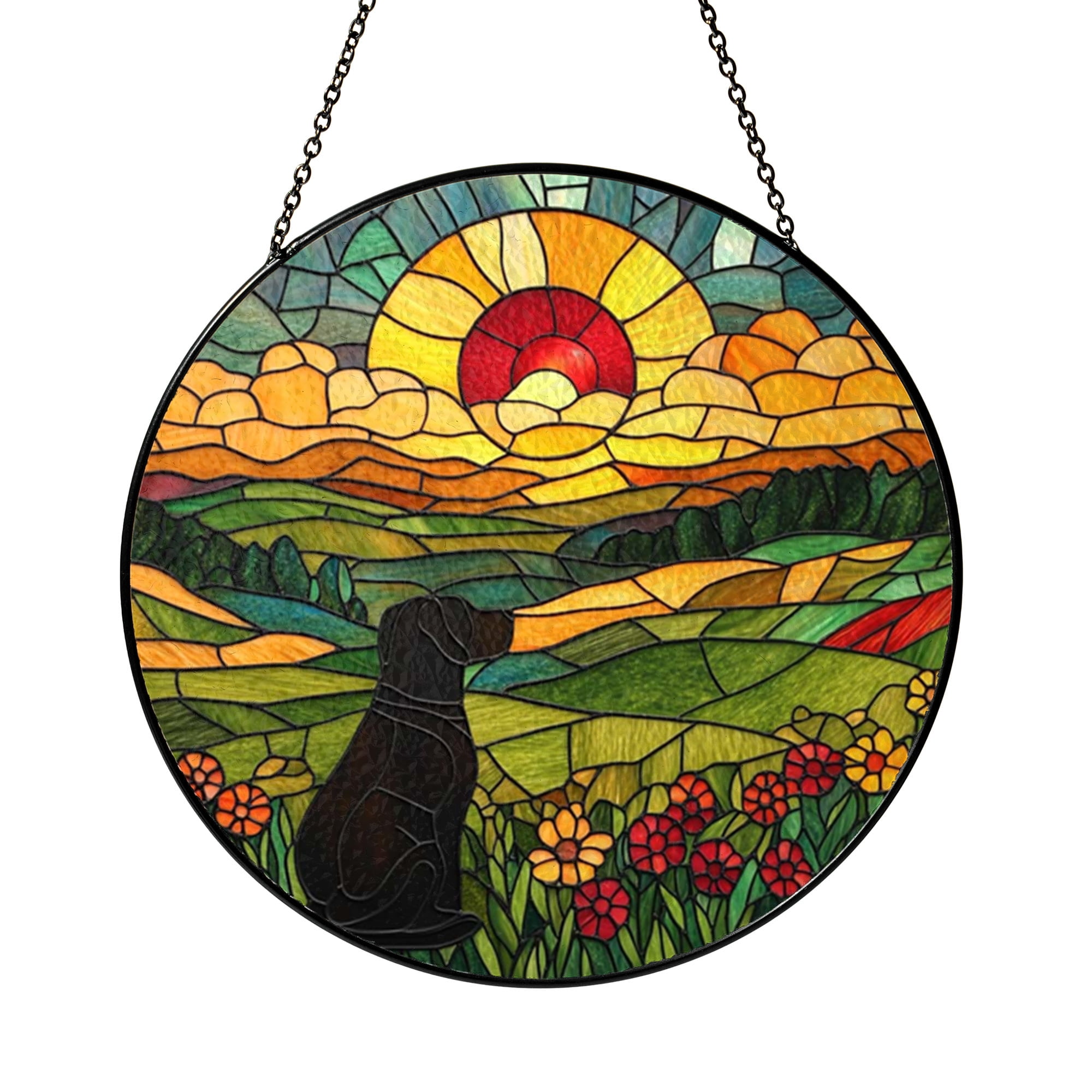 Black Dog Sunset Stained Glass Style Suncatcher Window Hanging Decor ...