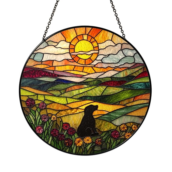 Black Dog Wildflower Sunset Stained Glass Style Suncatcher Window ...