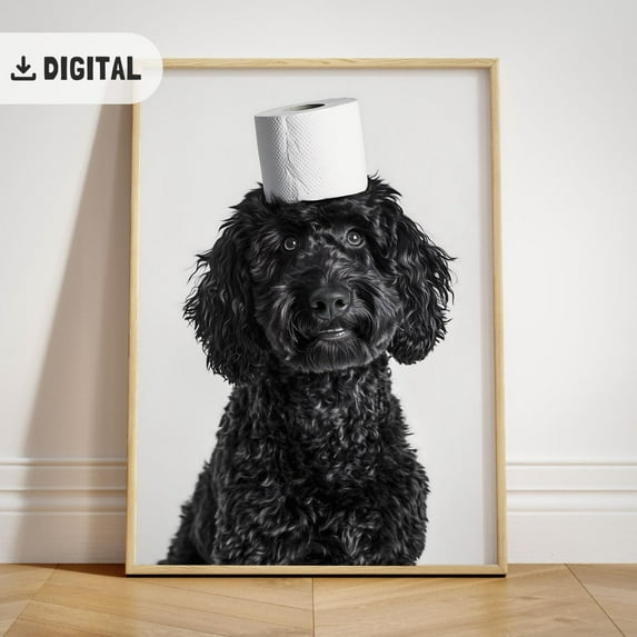 Black Doodle Bathroom Wall Art, Trendy Home Decor, Dog With Tet Paper ...