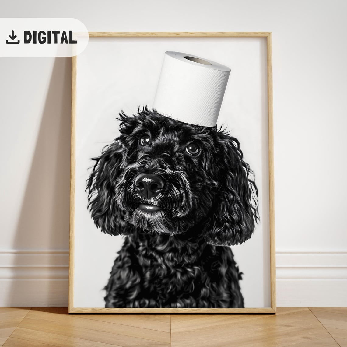 Black Doodle Bathroom Wall Art, Trendy Home Decor, Dog With Tet Paper ...
