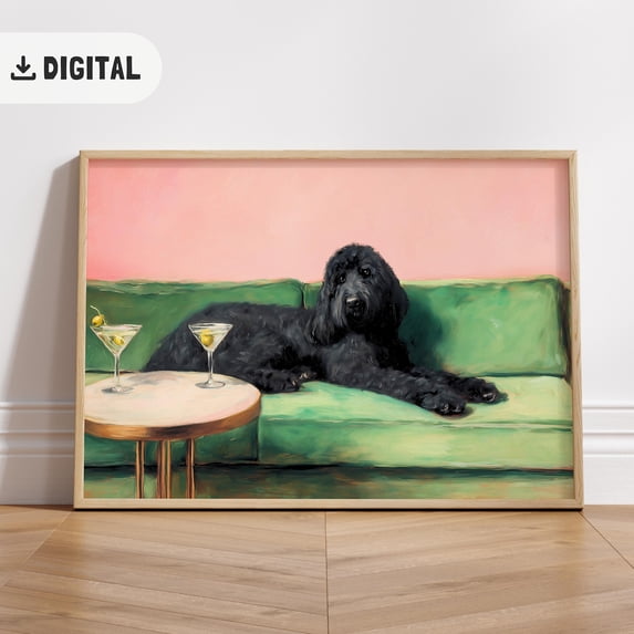 Black Doodle Couch Poster Labradoodle Dog With Martini Quirky Whimsical ...