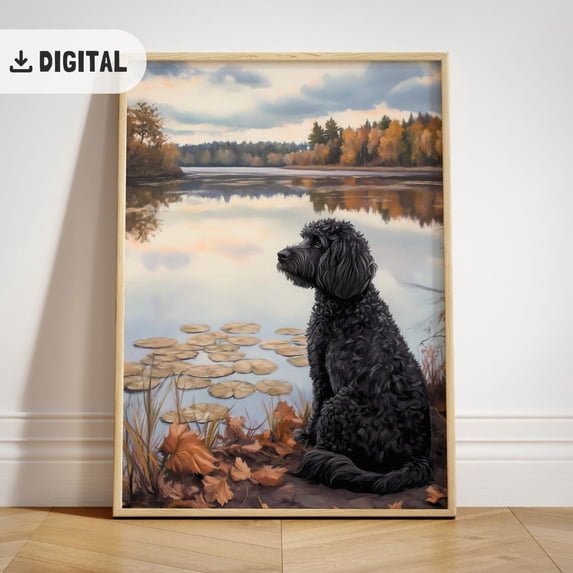 Black Doodle Dog Lake Poster, Rustic Autumn Cottagecore Wall Art ...