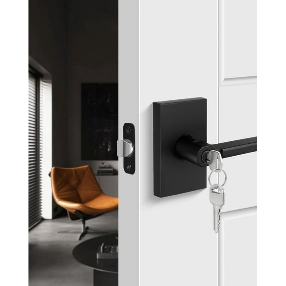 Black Door Handle with Lock and Key, Square Matte Black Exterior Door ...