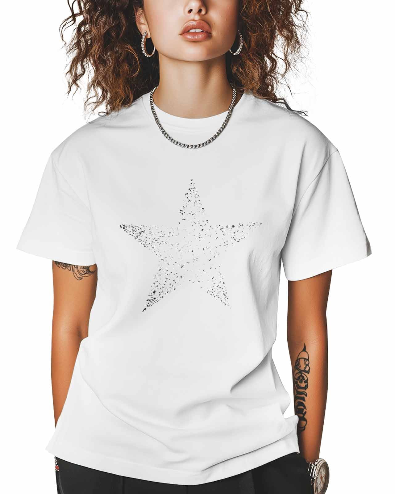 Black Dot White Star Gradient T Shirts for Women Short Sleeve Cotton ...