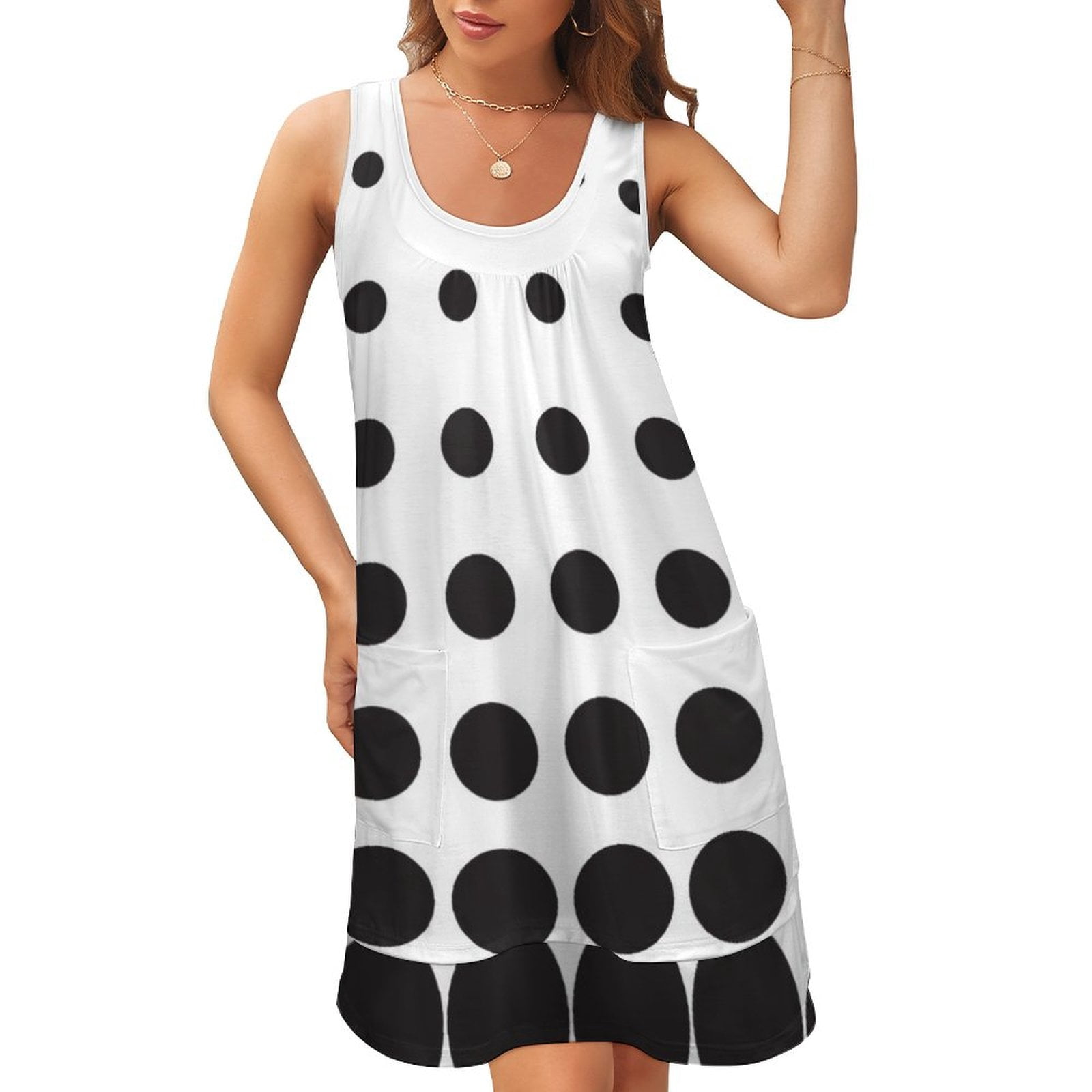 Black Dots Dress Sleeveless U-Neck Fake Two Piece Dress Long dress ...