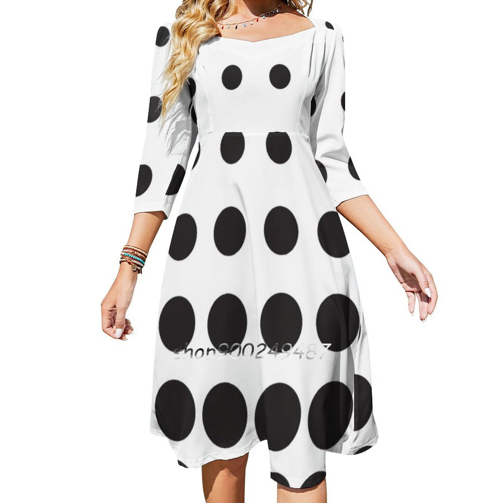 Black Dots Dress Square Neck Dress New Plus Size Elegant Women Waist ...