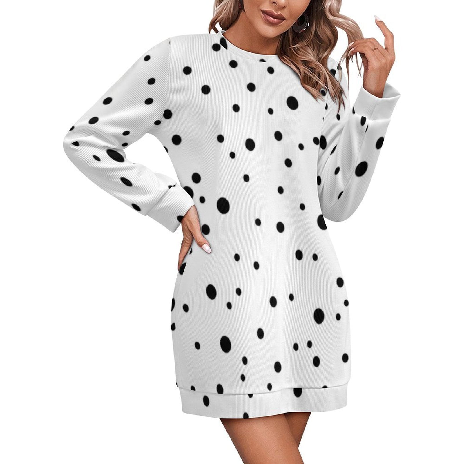 Black Dots Women Elegant Long Sleeve Warm Dress Autumn Winter Sweater ...