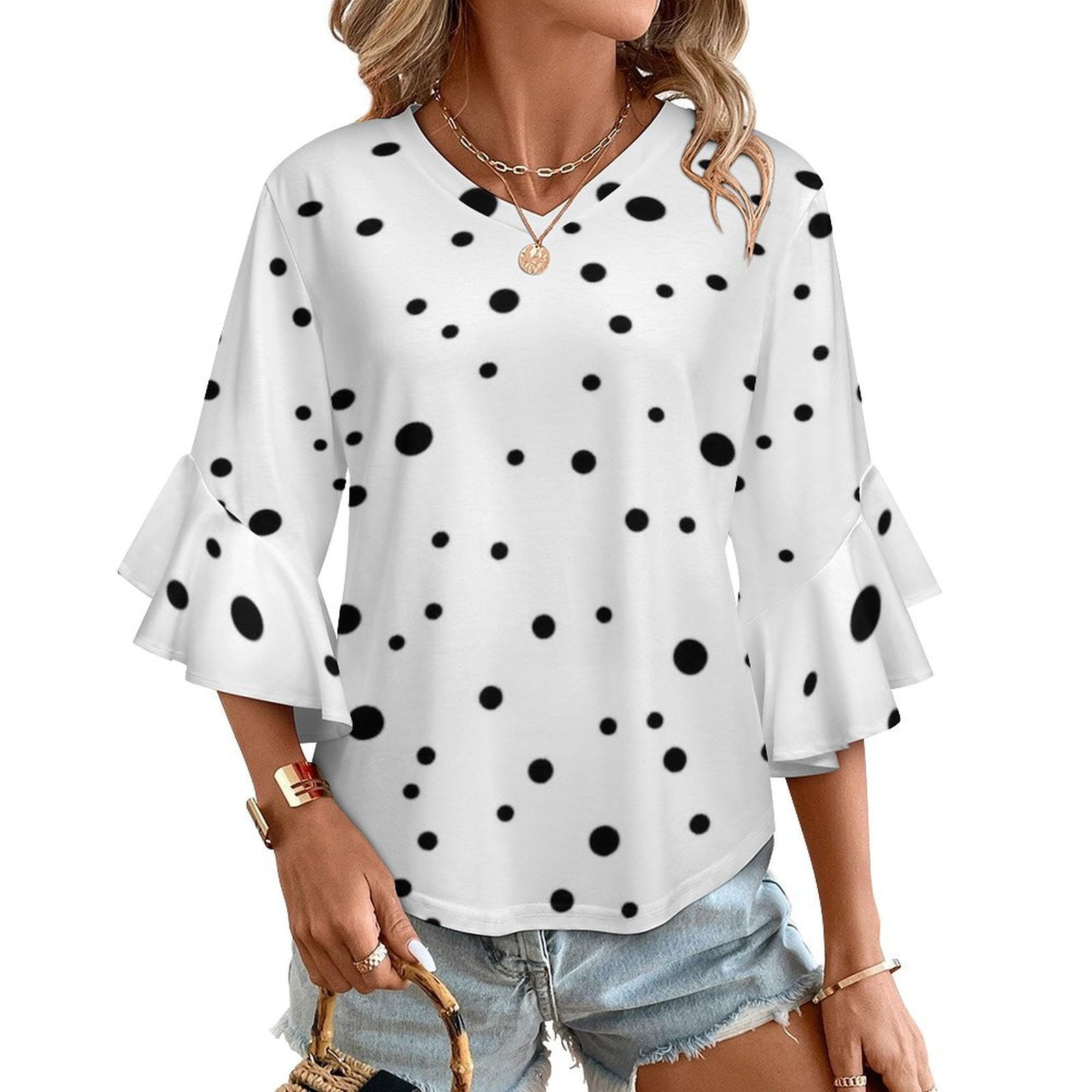Black Dots Women's V-Neck Blouse With 3/4 Ruffled Bell Sleeves Casual ...
