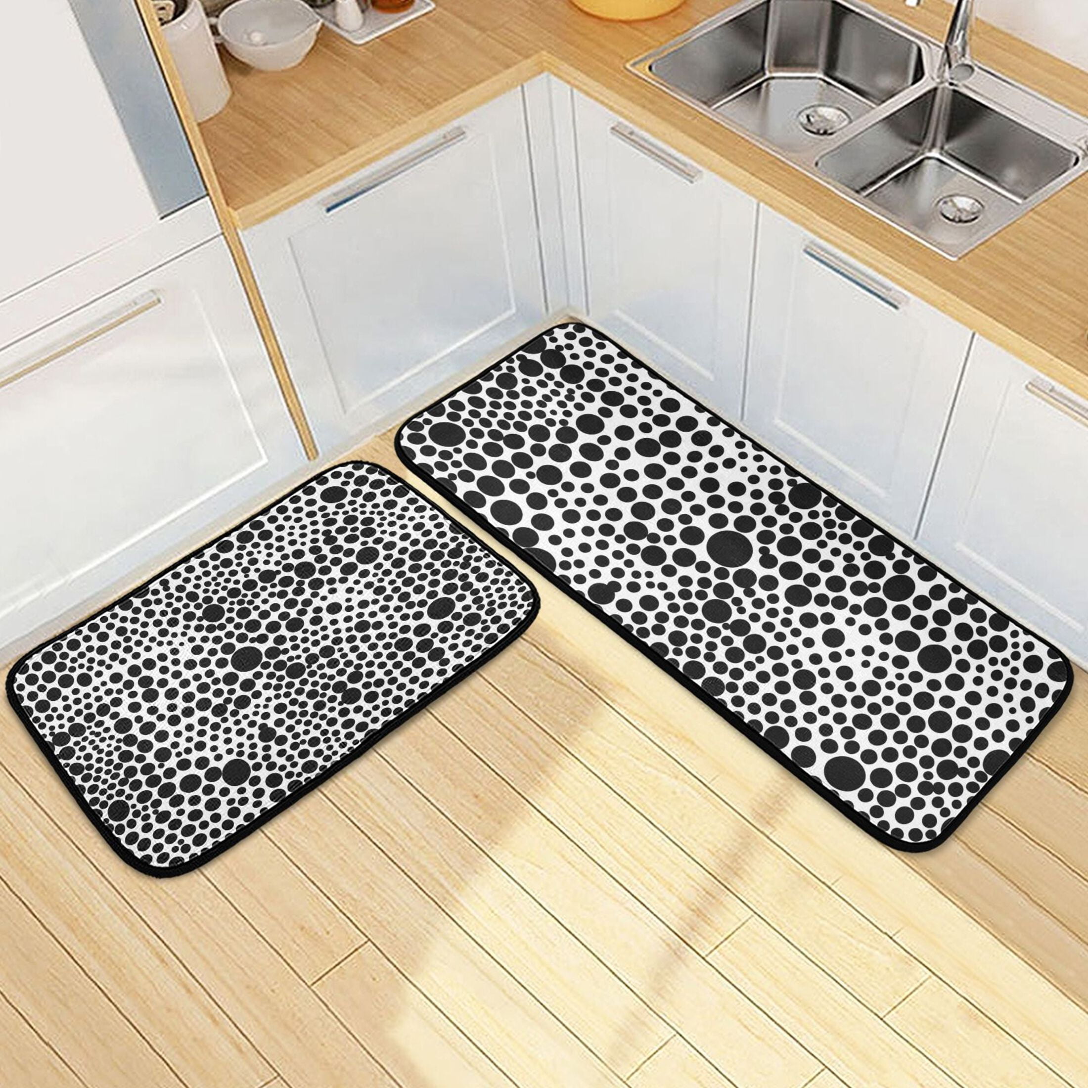 Black Dots on White Kitchen Rugs Set of 2 Non Slip Floor Foam Mat ...