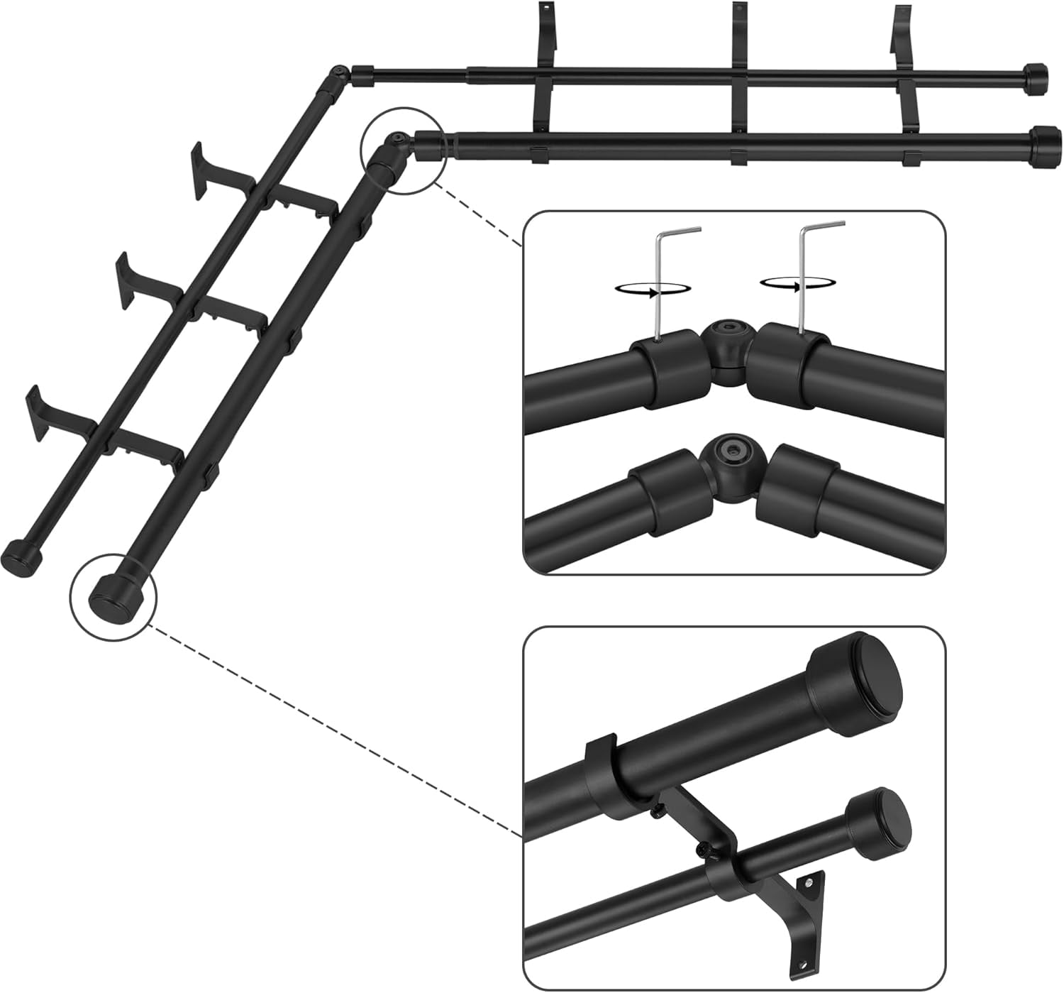 Black Double Corner Window Curtain Rods with Aluminum End Cap Finials ...