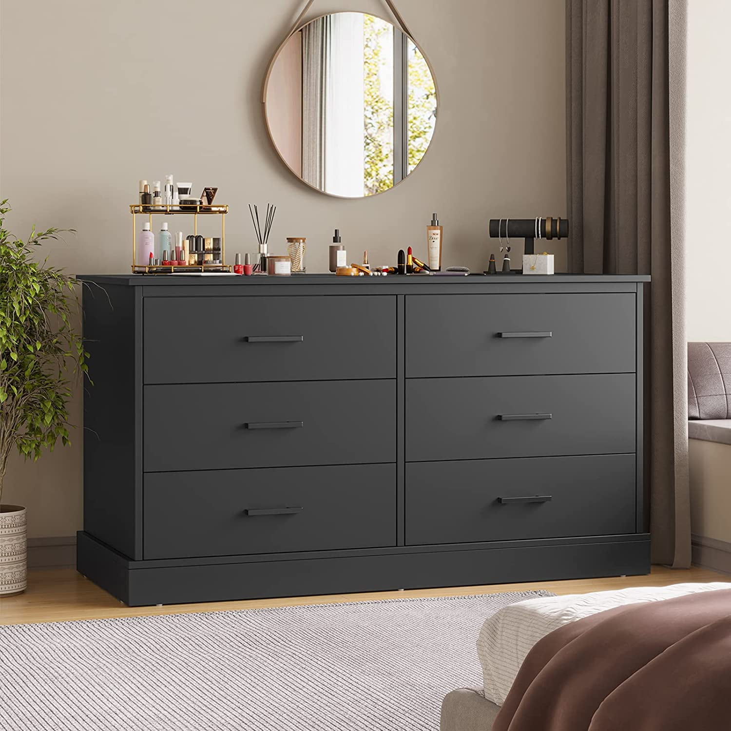 Tall Black Double Dresser with Big 6 Drawers for Bedroom, Wood Large ...