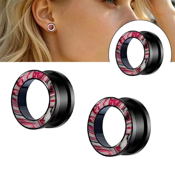 Black Double Flare Ear Gauges With Pink Marble Inlay, Stainless Steel ...