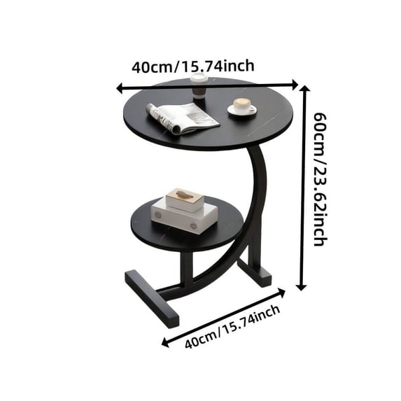 Black Double-Tier End Table – Modern Round Side Table With Black Marble ...