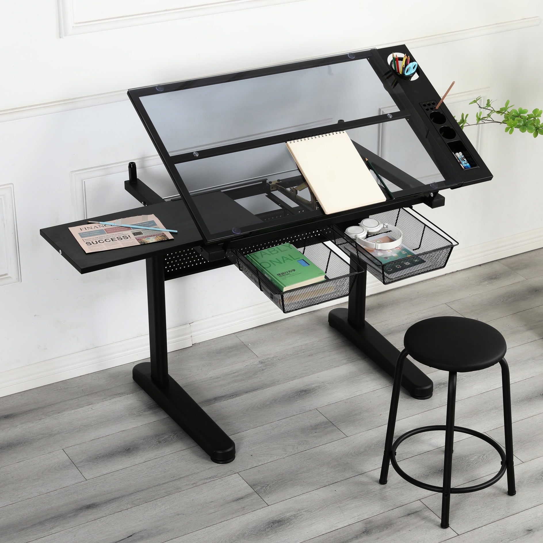 Black Drafting Table With Hand Crank, 2 Metal Drawers, Stool ...