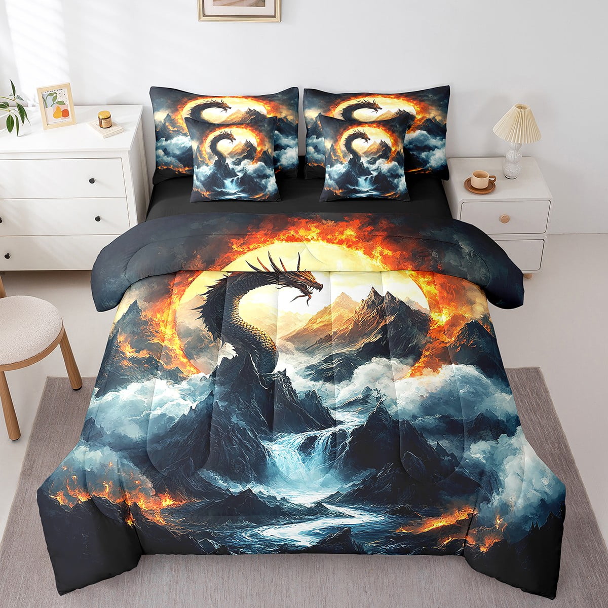 Black Dragon Comforter Set 7 Piece,3D Flame Mountain Volcano Bed Set ...