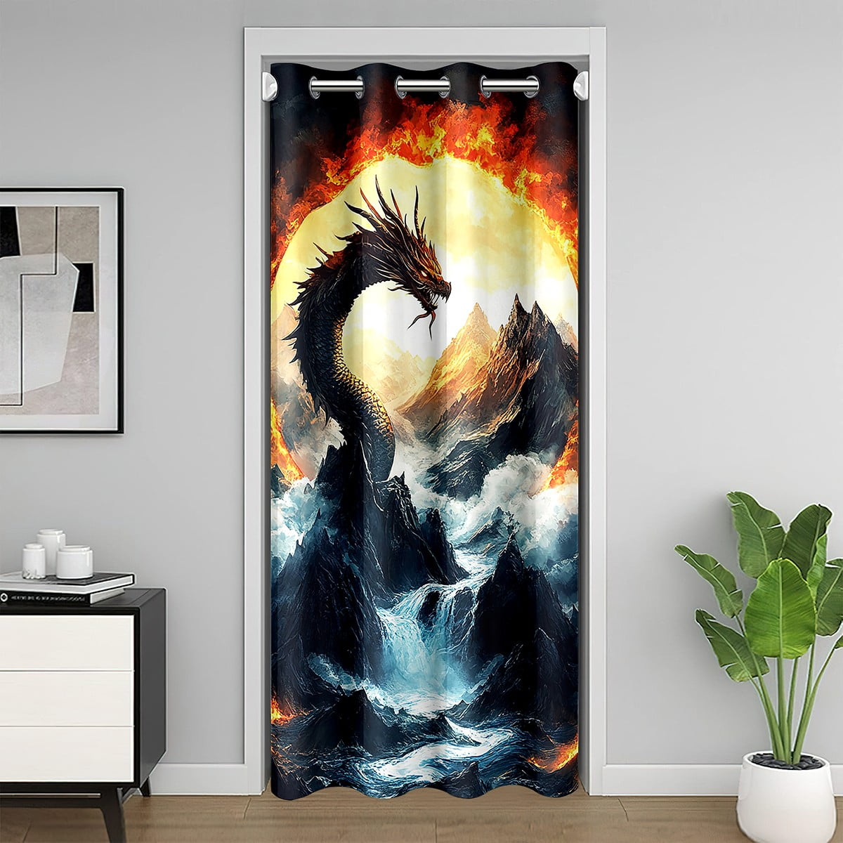 Black Dragon Door Curtain Adults,3D Flame Mountain Volcano Closet Door ...