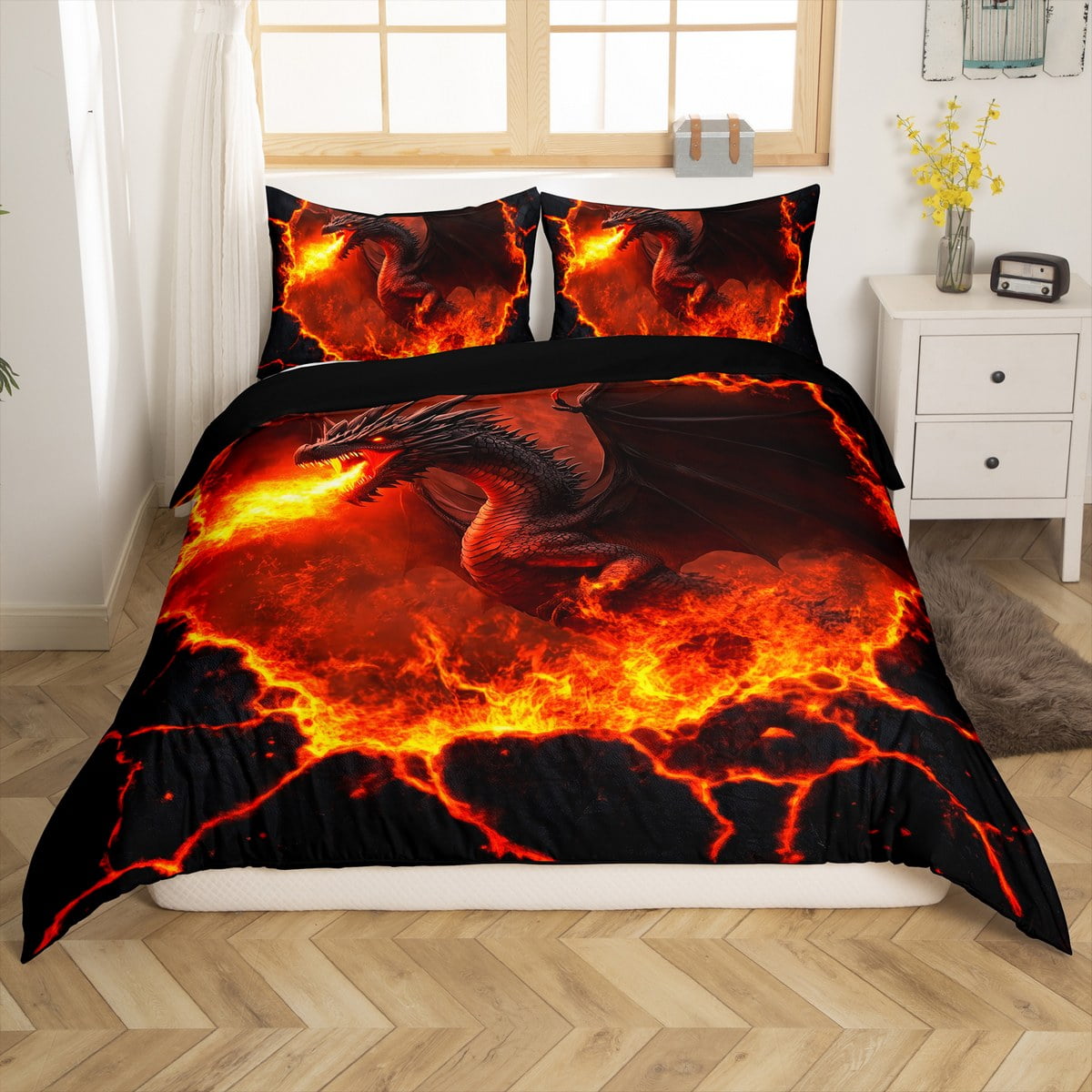 Black Dragon Duvet Cover Set Queen Size,Red Flame Volcano Eruption Lava ...