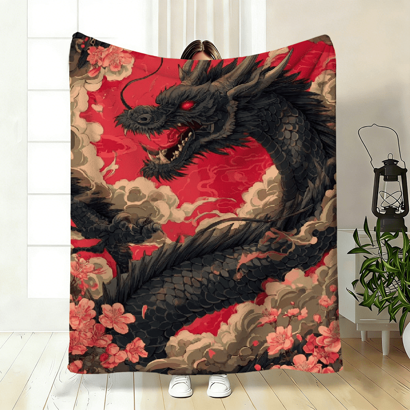 Black Dragon Floral-Themed Polyester Flannel Blanket – Soft, Warm Throw ...