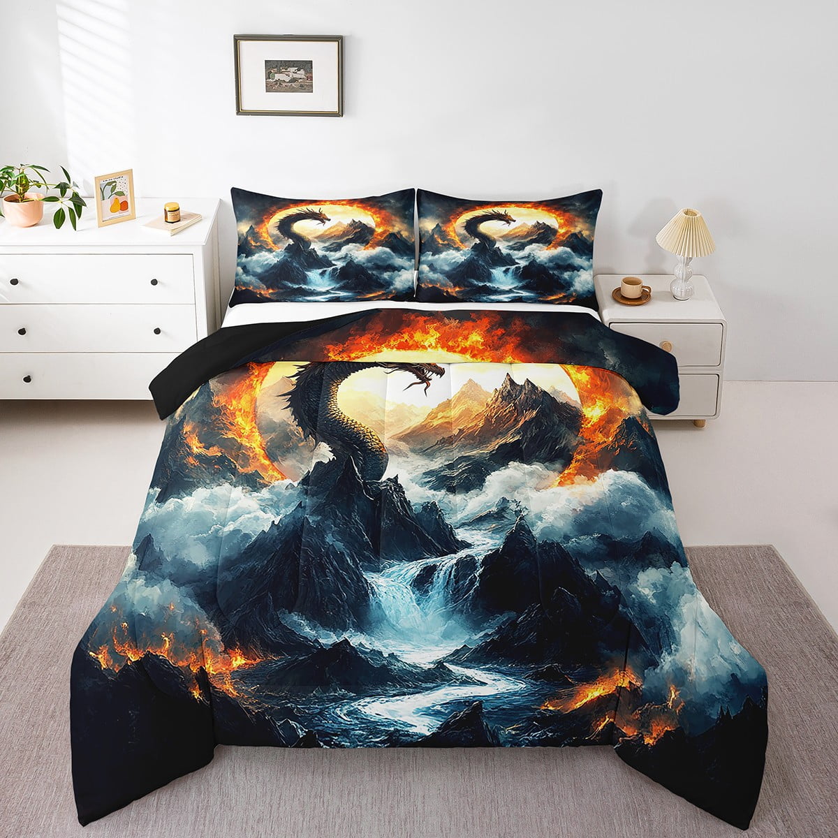 Black Dragon Full Comforter Sets,3D Flame Mountain Volcano Bedding Set ...