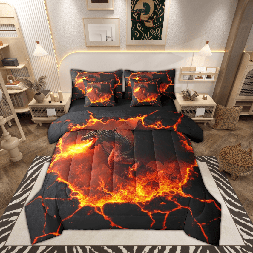Black Dragon King Bedding Set 7 Pieces,Red Flame Volcano Eruption Lava ...