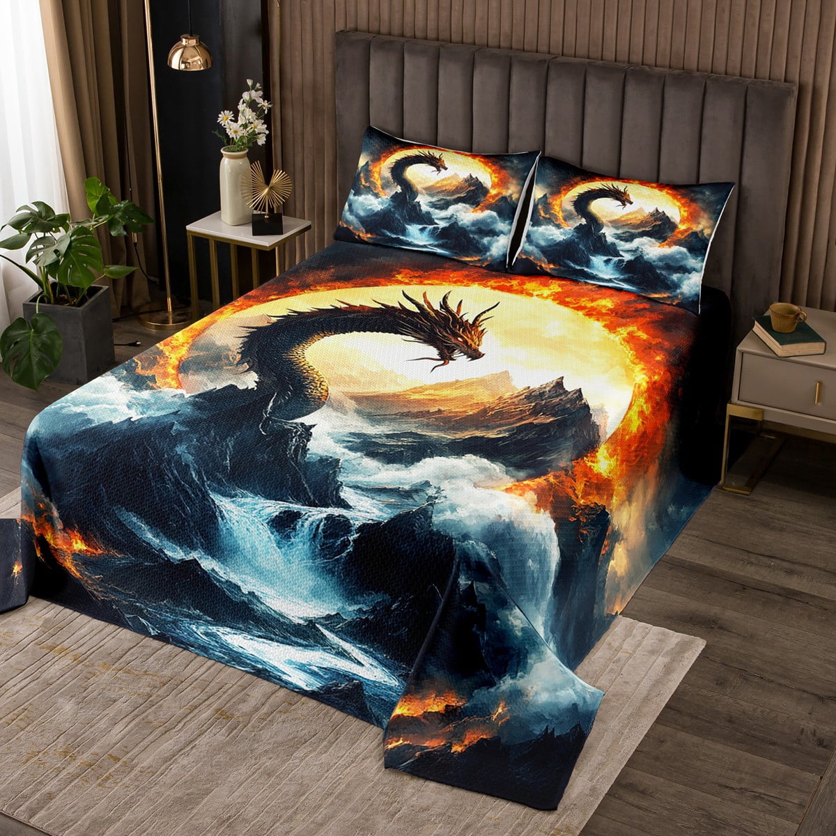 Black Dragon Quilt Bedding Set King,3D Flame Mountain Volcano Coverlet ...