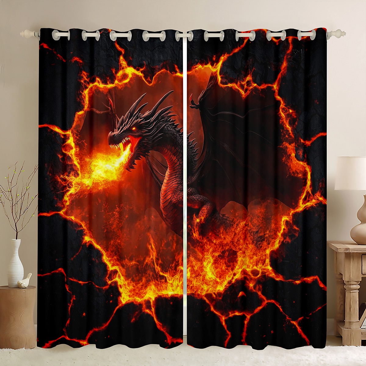 Black Dragon Window Drapes Block 30%-50% Light,Red Flame Volcano ...